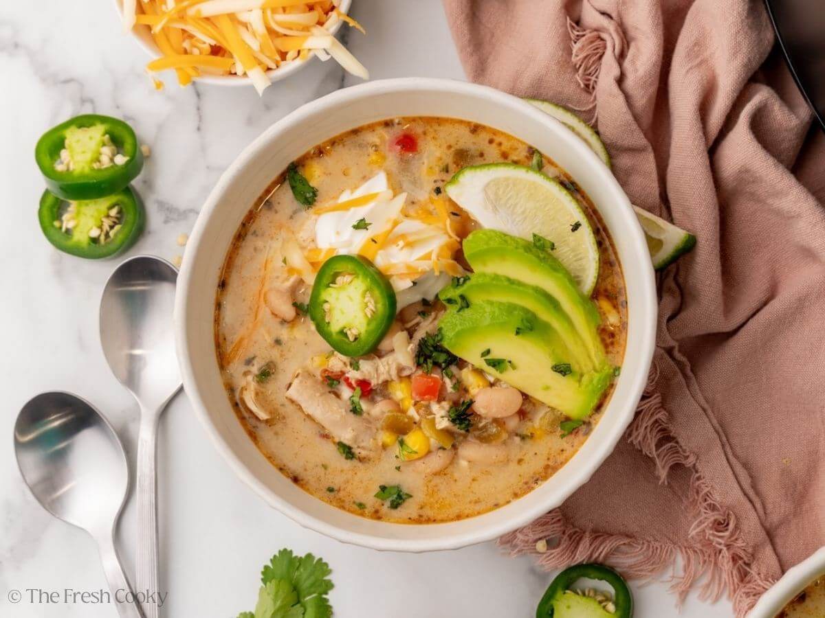 Easy White Chicken Chili (Crockpot) • The Fresh Cooky